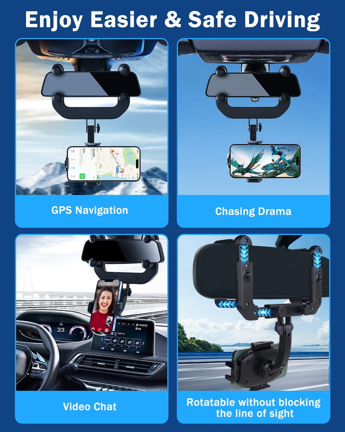 HNDJYT Rear View Mirror Phone Holder for car,Phone Mount for Car, Rotatable Car Phone Mount Rearview Mirror Phone Holder for Car Compatible with iPhone Samsung LG All 4-7 Inch Cell Phones