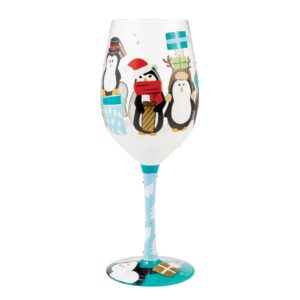 enesco designs by lolita holiday penguins and presents hand-painted artisan wine glass, 15 ounce, multicolor