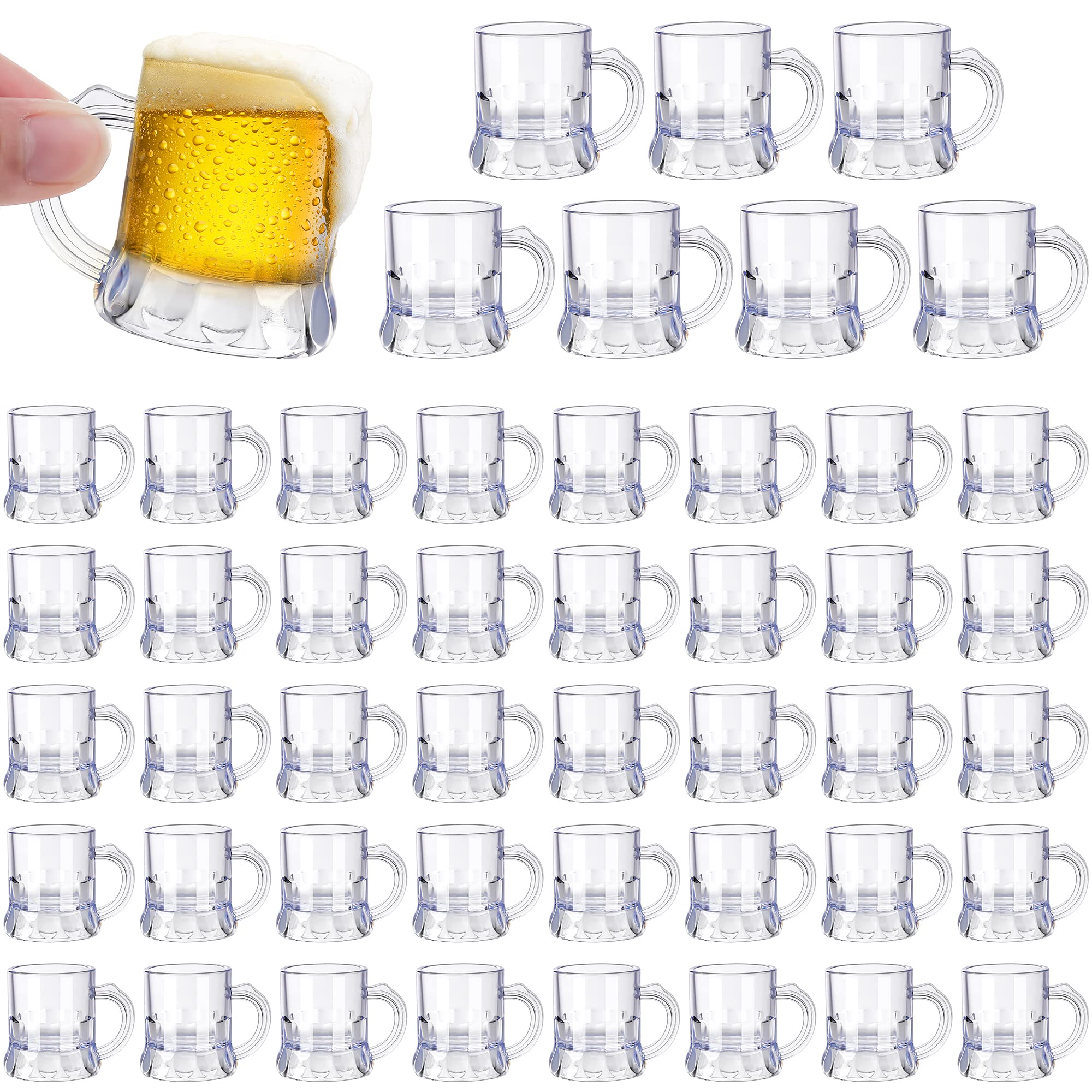 Breroa 48 Pieces Mini Plastic Beer Mugs 1 Ounce Mini Beer Mug Shot Glasses with Handles Clear Reusable Beer Stein Beer Tasting Glasses for Drinking Beer Festival Party Barbecue Wedding