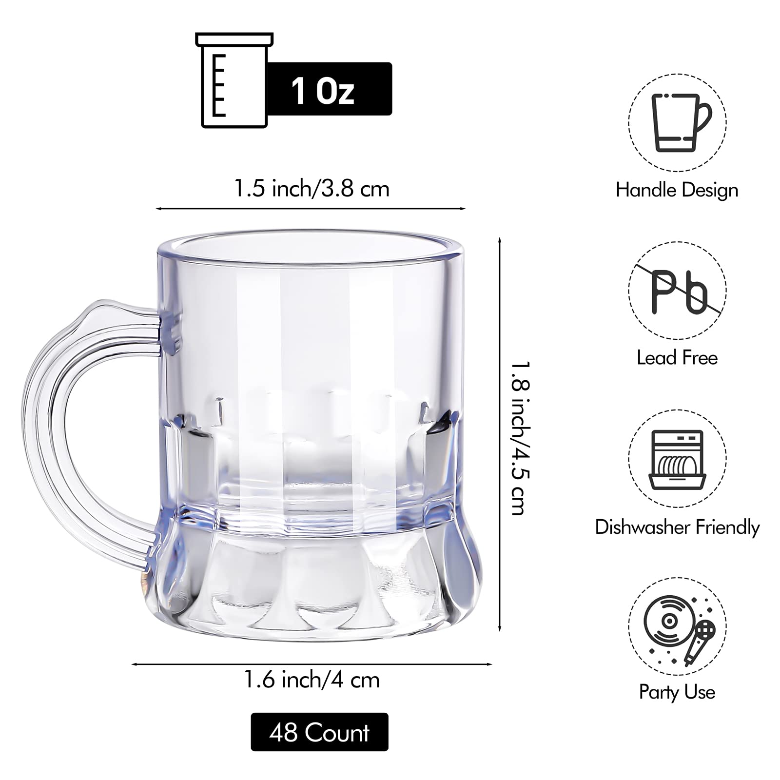 Breroa 48 Pieces Mini Plastic Beer Mugs 1 Ounce Mini Beer Mug Shot Glasses with Handles Clear Reusable Beer Stein Beer Tasting Glasses for Drinking Beer Festival Party Barbecue Wedding