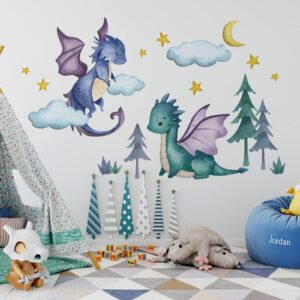 yovkky baby dragon wall decals stickers, moon stars clouds forest nursery playroom decor, kids room home decorations boys bedroom art