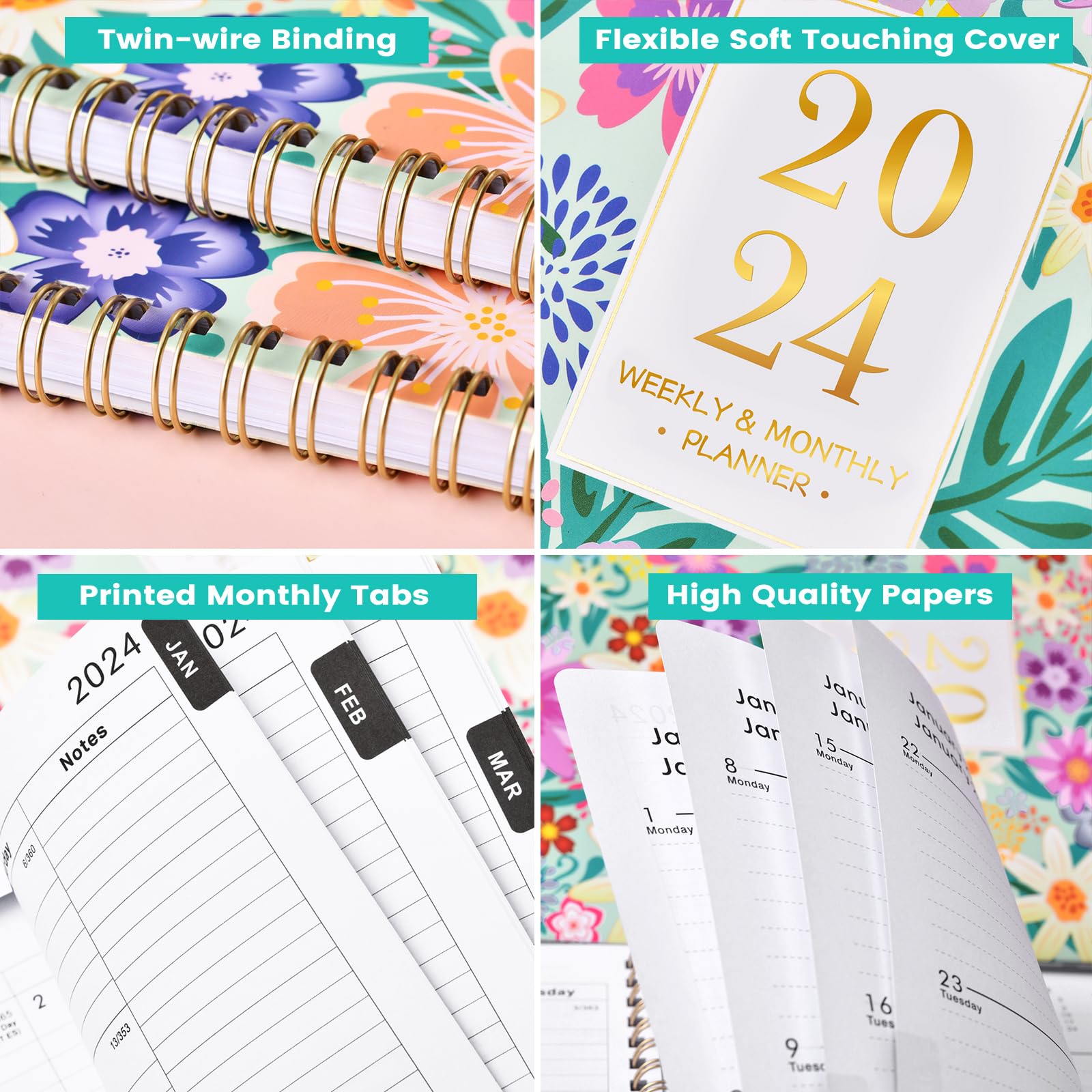 2024 Planner - Planner 2024, Jan. 2024 - Dec. 2024, 2024 Planner Weekly and Monthly with Tabs, 8" x 10", Thick Paper, Twin-Wire Binding, Check Boxes, Perfect Daily Organizer