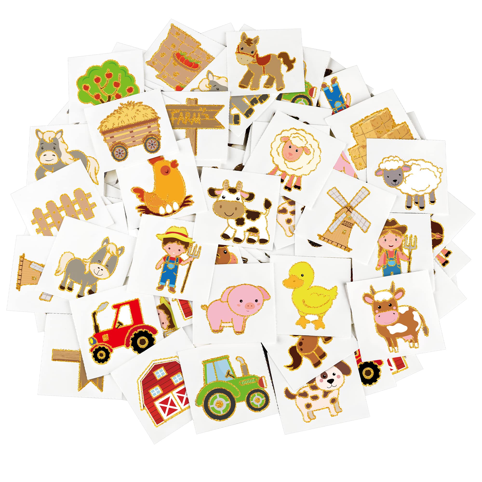 ADXCO 144 Pieces Farm Party Tattoos Gold Glitter Farm Barnyard Tattoos Farm Animal Temporary Tattoos for Kids Farm Birthday Party Favors Supplies, 24 Designs