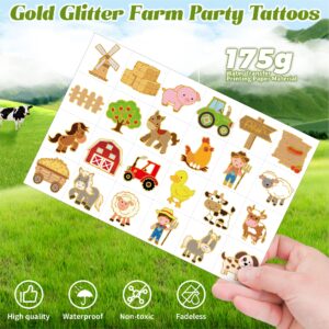 ADXCO 144 Pieces Farm Party Tattoos Gold Glitter Farm Barnyard Tattoos Farm Animal Temporary Tattoos for Kids Farm Birthday Party Favors Supplies, 24 Designs