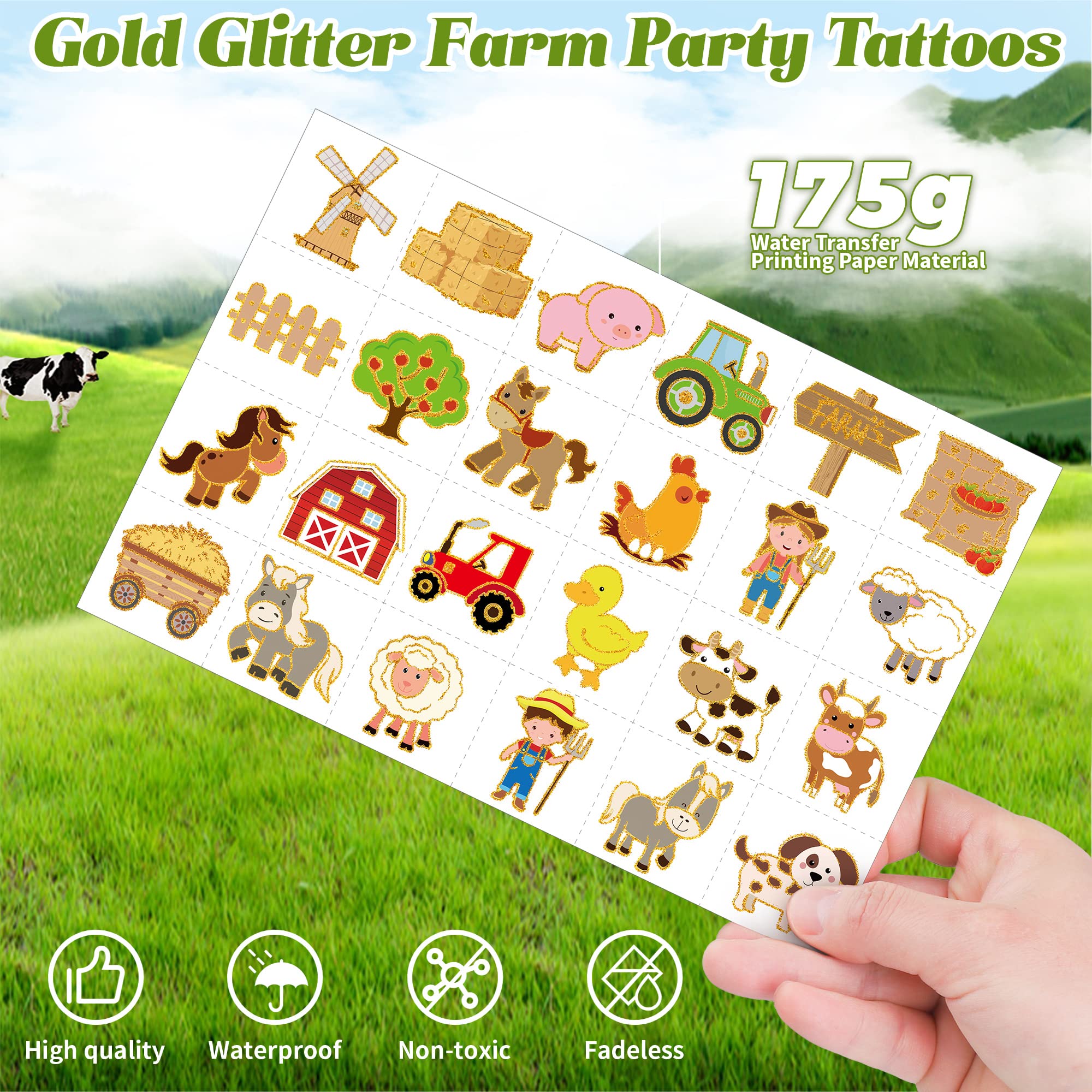 ADXCO 144 Pieces Farm Party Tattoos Gold Glitter Farm Barnyard Tattoos Farm Animal Temporary Tattoos for Kids Farm Birthday Party Favors Supplies, 24 Designs