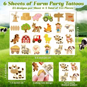 ADXCO 144 Pieces Farm Party Tattoos Gold Glitter Farm Barnyard Tattoos Farm Animal Temporary Tattoos for Kids Farm Birthday Party Favors Supplies, 24 Designs