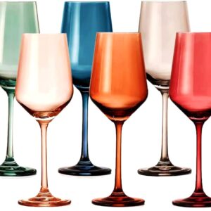 Colored Crystal Wine Glasses Set of 6, Unique Gift Wife, Her, Mom, Friend - Large 12oz Glass, Italian Style Tall Stemmed Drinkware, Long Stem Unique Wines, Dinner, Color Beautiful Glassware