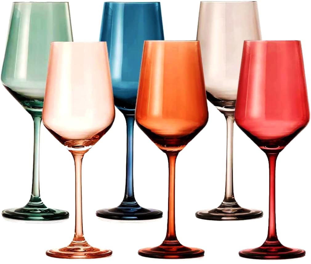 Colored Crystal Wine Glasses Set of 6, Unique Gift Wife, Her, Mom, Friend - Large 12oz Glass, Italian Style Tall Stemmed Drinkware, Long Stem Unique Wines, Dinner, Color Beautiful Glassware