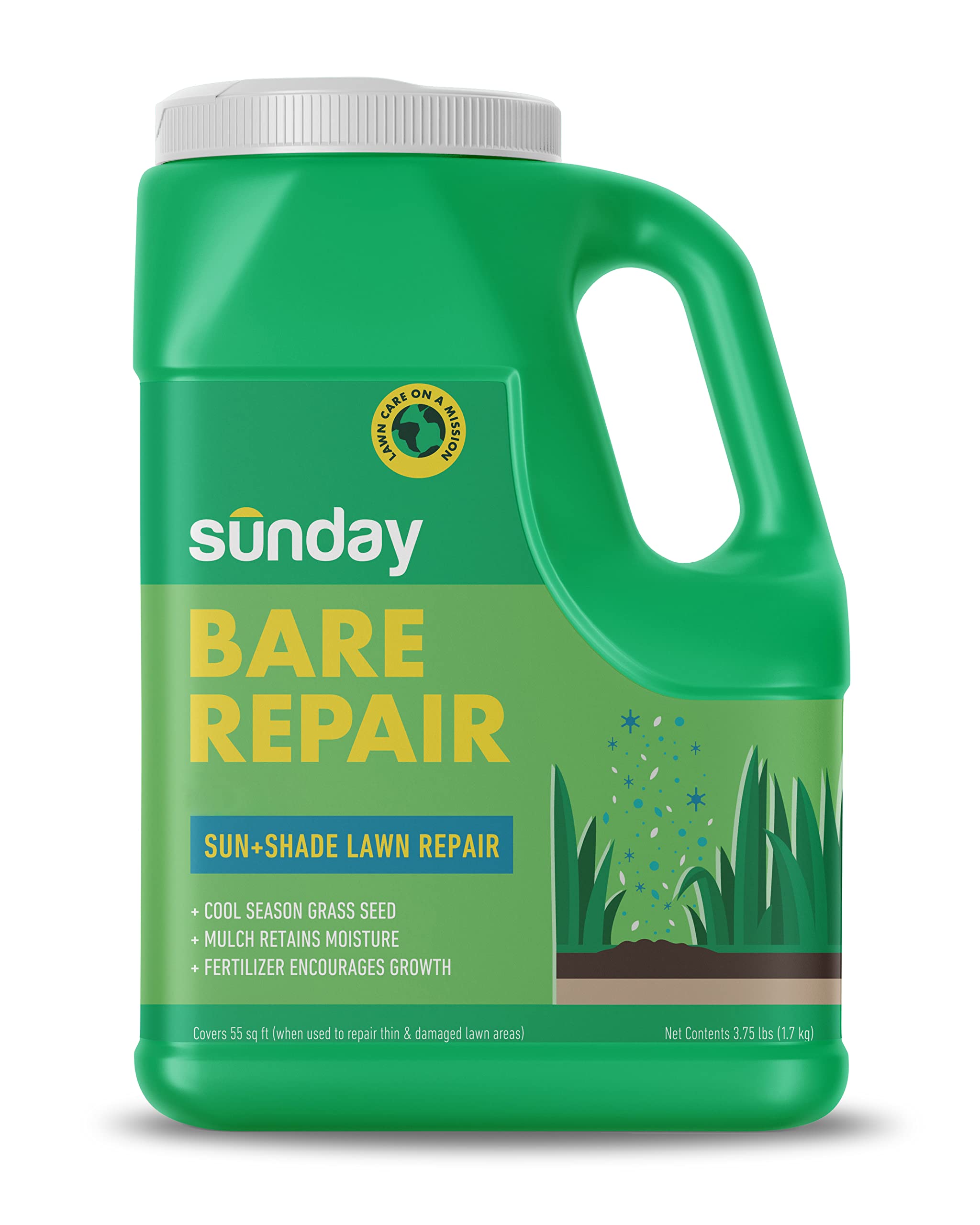 Sunday Bare Repair Sun and Shade Grass Seed Spot Treatment - Grass Seed for Shade and Hard to Grow Areas - Lawn Patch Repair That Works in 14 Days or Less - 3.75lb Jug (Covers 55 Sq Ft)