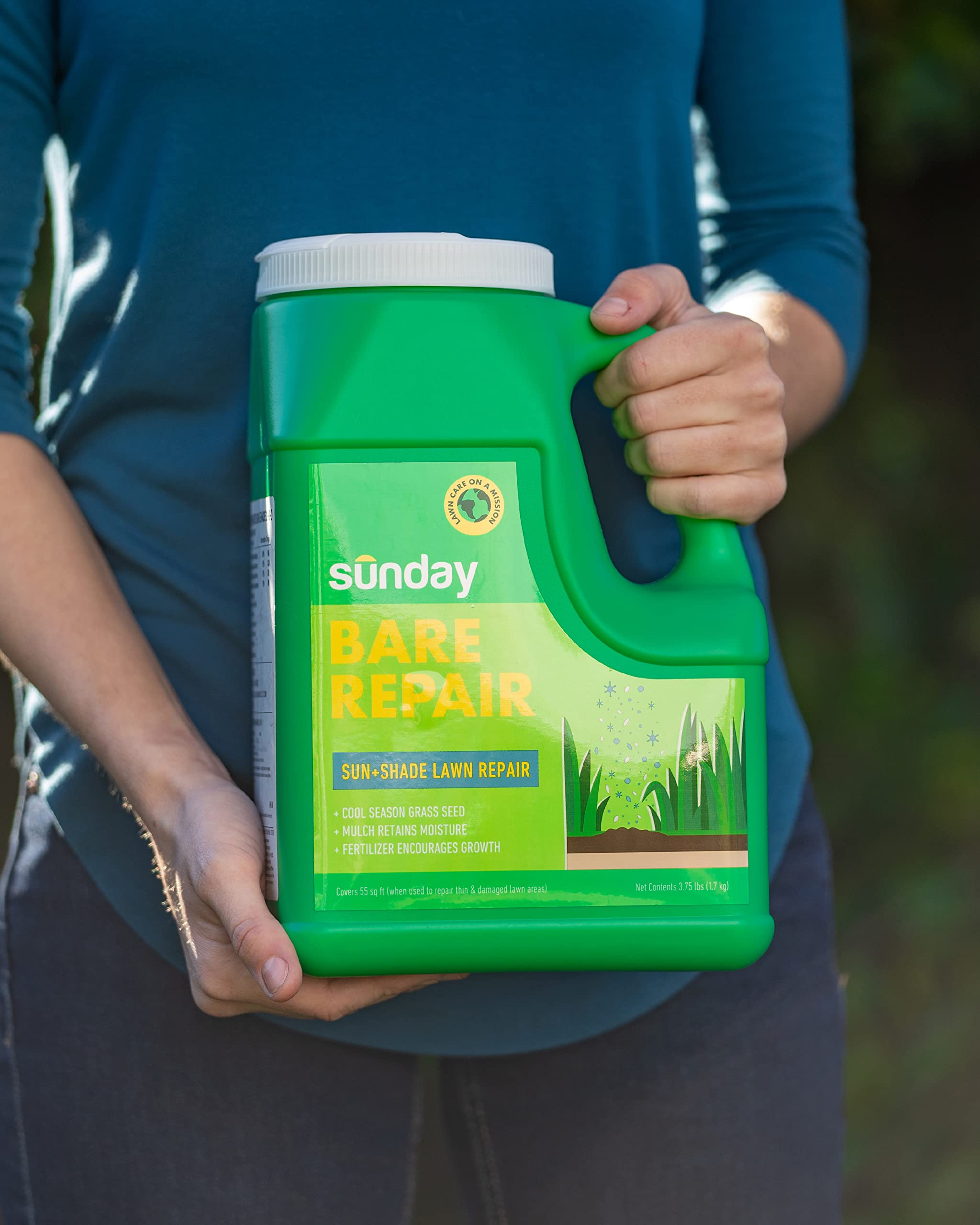 Sunday Bare Repair Sun and Shade Grass Seed Spot Treatment - Grass Seed for Shade and Hard to Grow Areas - Lawn Patch Repair That Works in 14 Days or Less - 3.75lb Jug (Covers 55 Sq Ft)