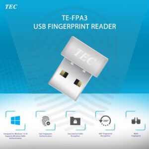 TEC TE-FPA3 Mini USB Fingerprint Reader Compatible with Windows 11 & 10, 360° Touch Speedy Matching Biometric Scanner for Password-Free Login and File Encryption