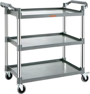 vevor utility service cart, 3 shelf heavy duty 220lbs food service cart, rolling utility cart with lockable wheels, 40" x 19.3" x 38.6" plastic utility cart for kitchen office restaurant home, grey