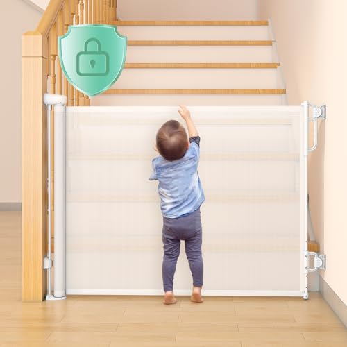 Momcozy Baby Gate, Auto Lock Retractable Baby Gate or Dog Gate, 【Auto Lock】33” Tall, Extends to 55” Wide, Mesh Safety Baby Gate for Stairs, Indoor, Outdoor, Doorways, Hallways