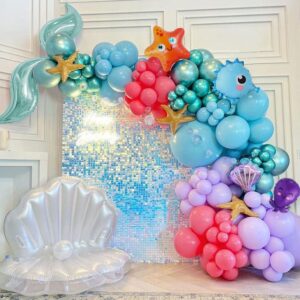 mermaid balloon garland kit, 125pcs under the sea balloons mermaid tail arch party supplies with seahorse octopus ocean animals balloons for mermaid birthday party baby shower decorations