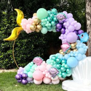 Mermaid Balloon Garland Kit, 125pcs Under The Sea Balloons Mermaid Tail Arch Party Supplies with Seahorse Octopus Ocean Animals Balloons for Mermaid Birthday Party Baby Shower Decorations