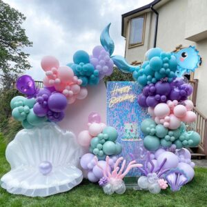 Mermaid Balloon Garland Kit, 125pcs Under The Sea Balloons Mermaid Tail Arch Party Supplies with Seahorse Octopus Ocean Animals Balloons for Mermaid Birthday Party Baby Shower Decorations