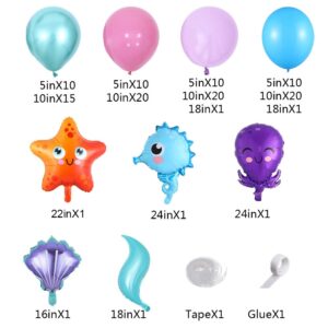 Mermaid Balloon Garland Kit, 125pcs Under The Sea Balloons Mermaid Tail Arch Party Supplies with Seahorse Octopus Ocean Animals Balloons for Mermaid Birthday Party Baby Shower Decorations