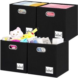 rvsnq 13x13x13 storage cube bins (set of 4), fabric cubes storage bin with metal handles and label, collapsible cube storage organizer bins for home, office, closet, shelves, nursery（black）