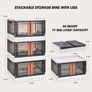 JJSMKCH Collapsible Storage Bins with Lids,Folding Storage Boxes Set 3 Pack,44Quart Collapsible Storage Bins with Doors and Wheels,Stackable Storage Bins with doors