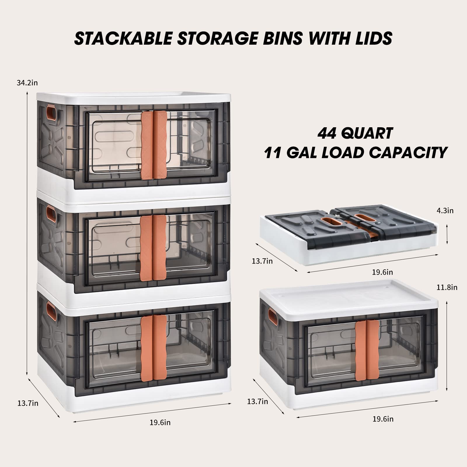 JJSMKCH Collapsible Storage Bins with Lids,Folding Storage Boxes Set 3 Pack,44Quart Collapsible Storage Bins with Doors and Wheels,Stackable Storage Bins with doors