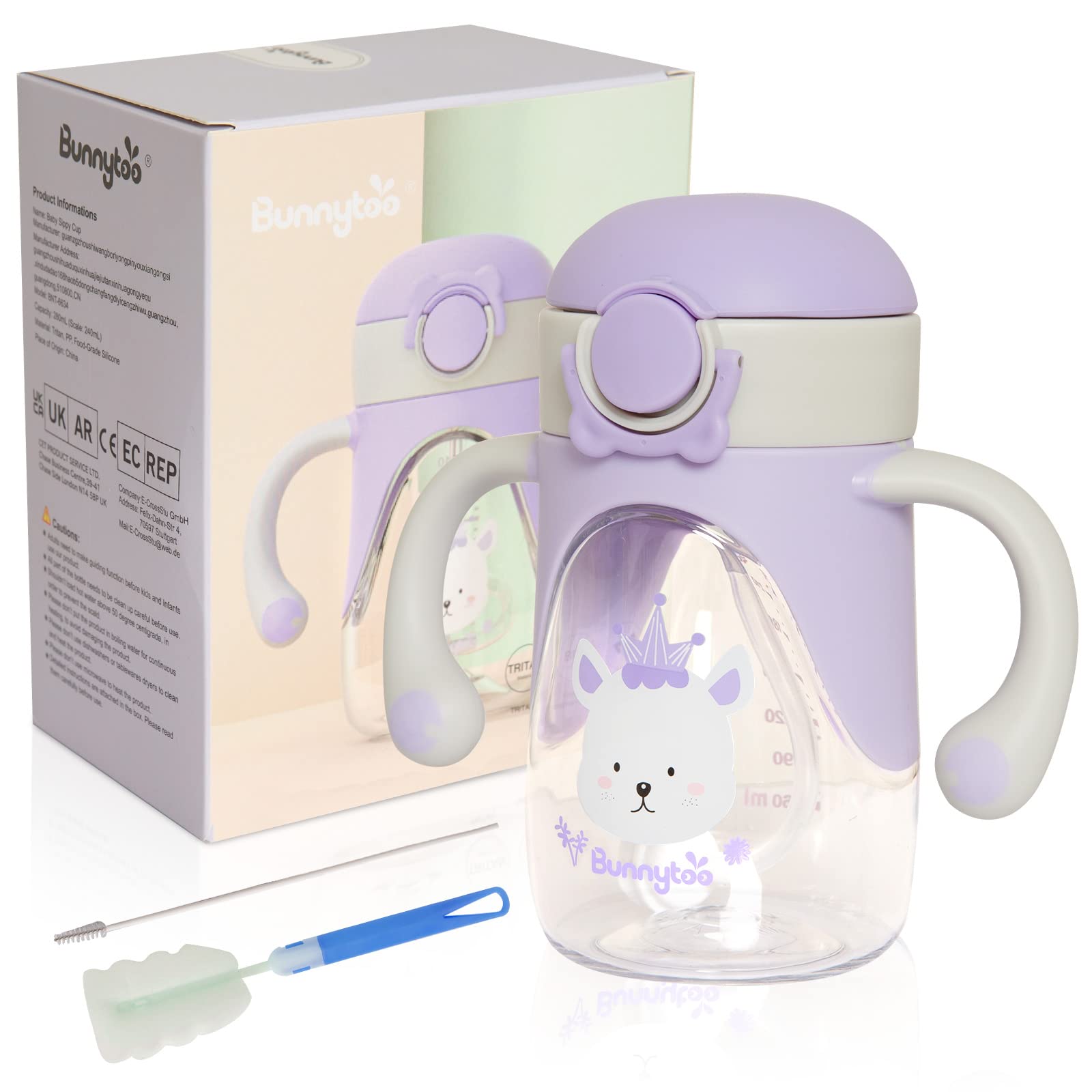 GreatKid Baby Sippy Cup with Weighted Straw - Ideal for 1+ Year Old and Transitioning Infants 6-12 Months - Spill-Proof and Easy to Hold with Handle - 8oz(Pruple｜Handle)