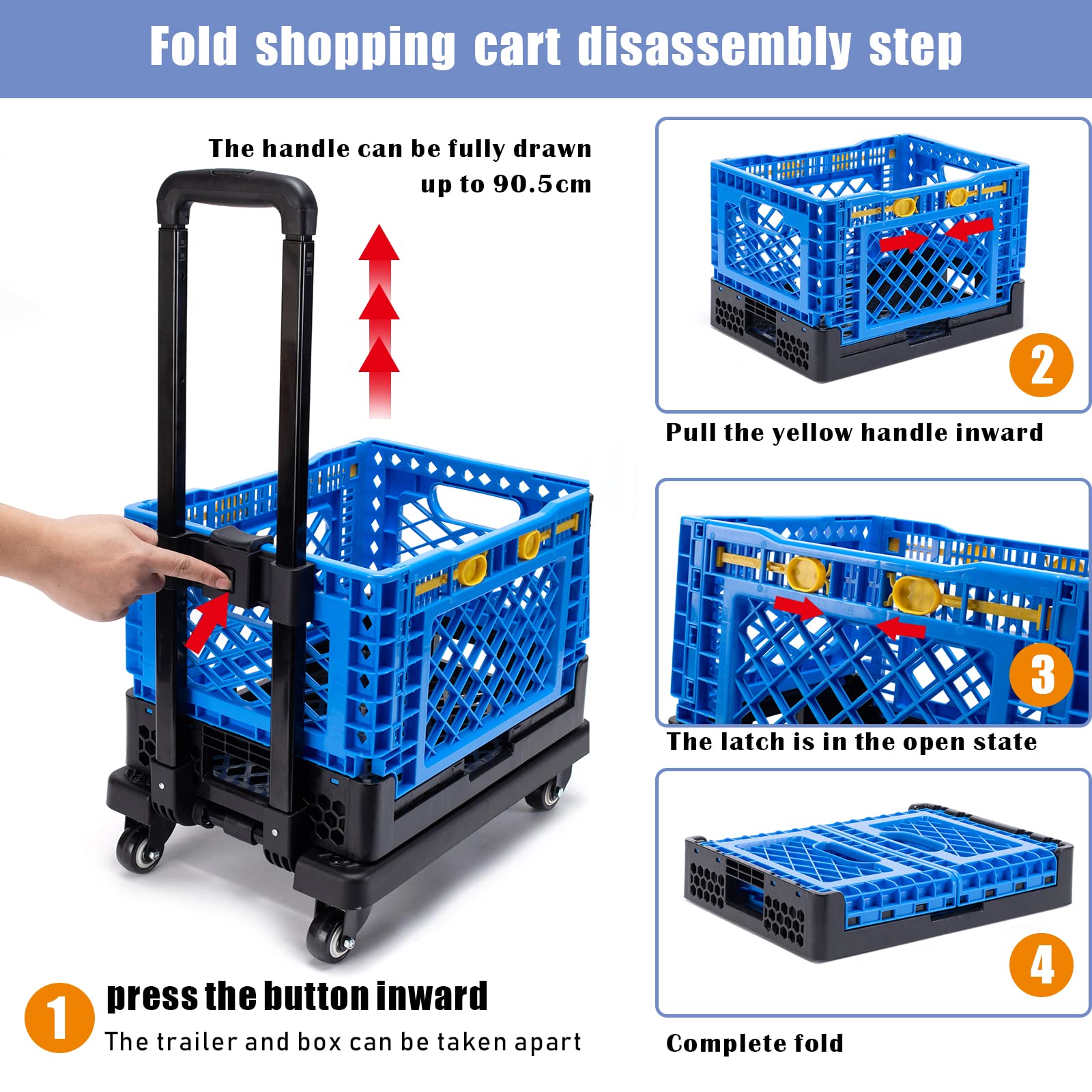 Foldable Shopping Cart Utility Grocery Cart Flat Cart Crate Portable Folding Cart Suitable for Shopping Luggage Grocery Office (Blue)