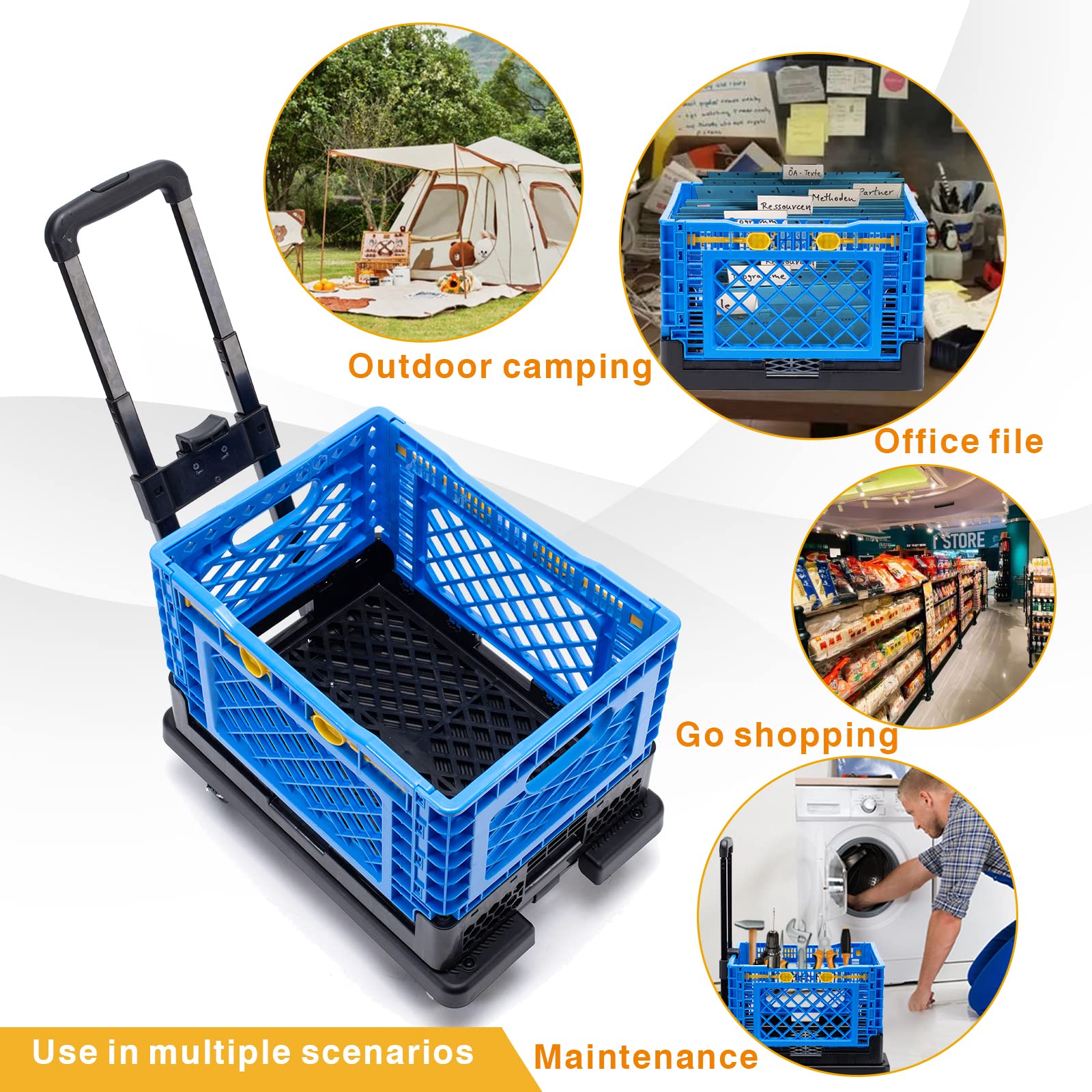 Foldable Shopping Cart Utility Grocery Cart Flat Cart Crate Portable Folding Cart Suitable for Shopping Luggage Grocery Office (Blue)