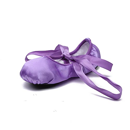 MSMAX Women's Ballet Dance Shoes Split Sole Satin Gymnastic Flats with Ribbon Purple 8 M US Women