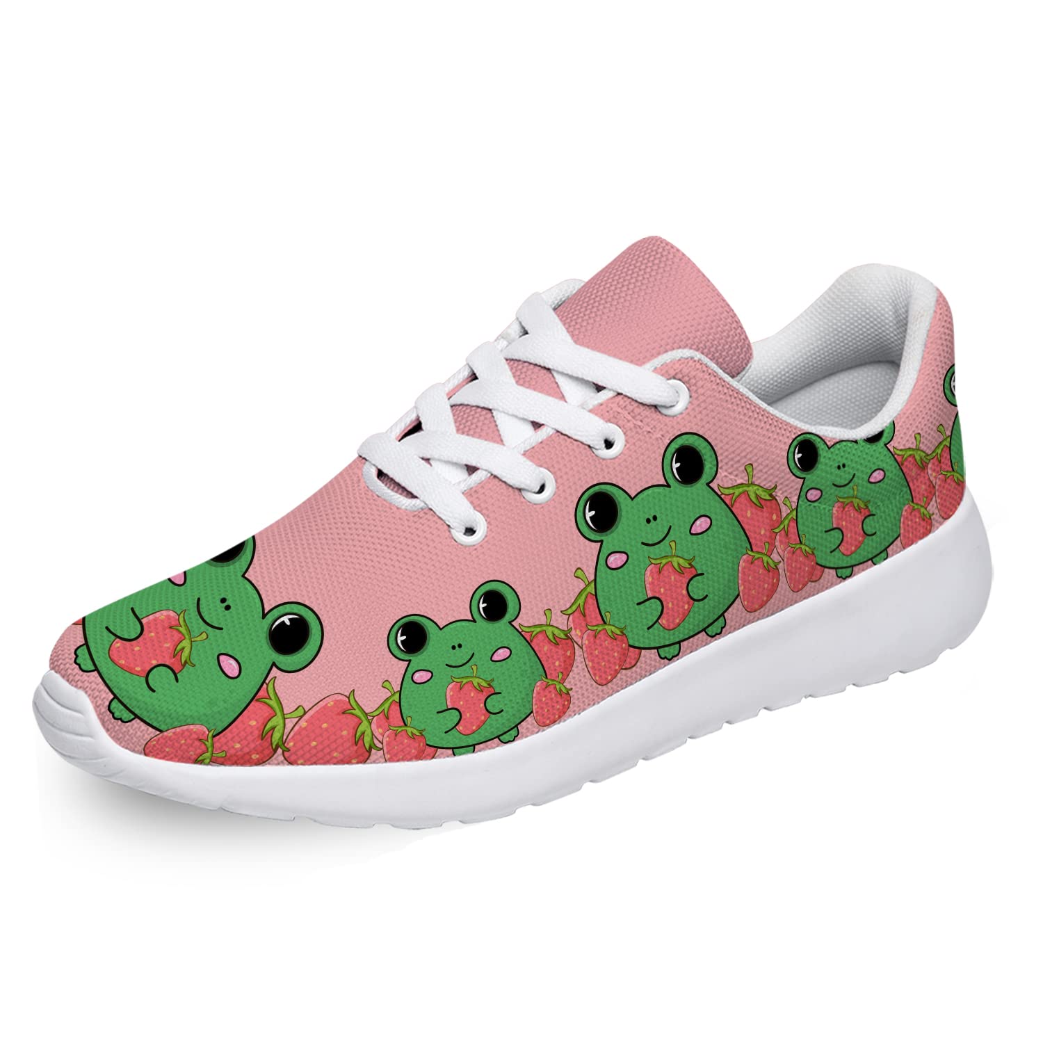 Pink Cute Strawberry Frog Sneakers for Women Girl,Personalized Lightweight Soft Tennis Running Shoes Gifts for Ladies Sister,US Size 9 Women/7.5 Men