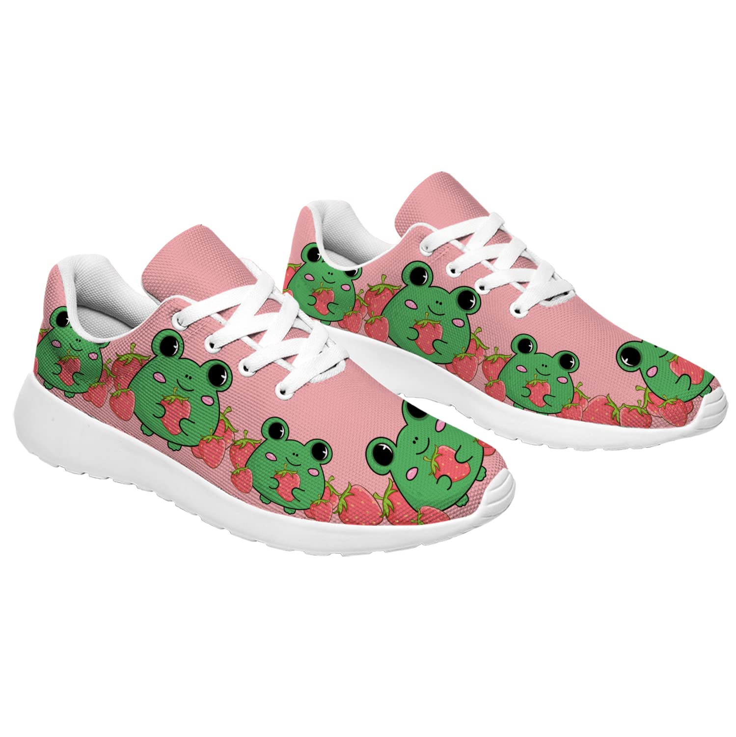 Pink Cute Strawberry Frog Sneakers for Women Girl,Personalized Lightweight Soft Tennis Running Shoes Gifts for Ladies Sister,US Size 9 Women/7.5 Men