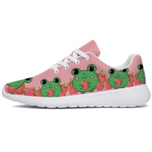 Pink Cute Strawberry Frog Sneakers for Women Girl,Personalized Lightweight Soft Tennis Running Shoes Gifts for Ladies Sister,US Size 9 Women/7.5 Men