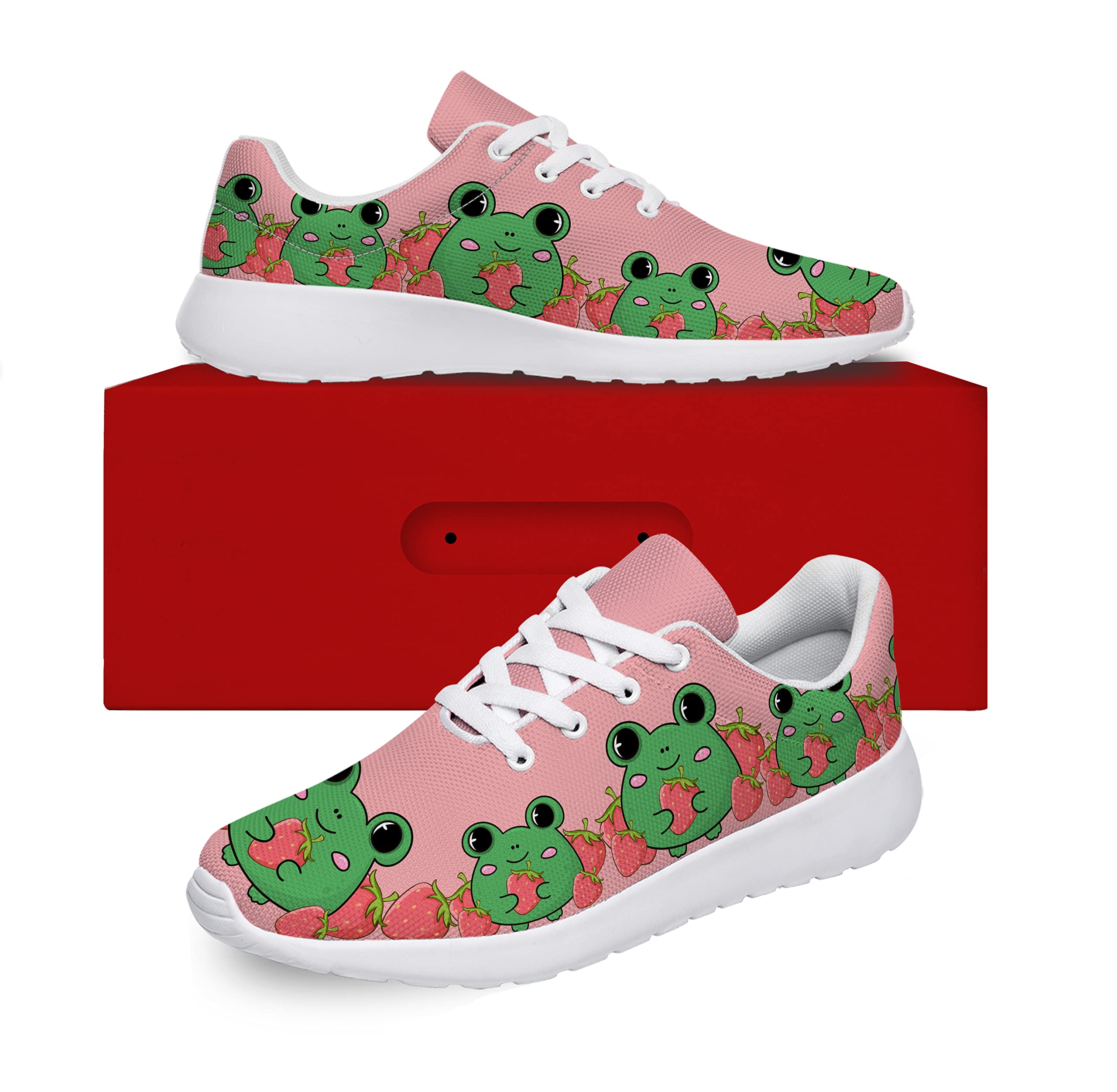 Pink Cute Strawberry Frog Sneakers for Women Girl,Personalized Lightweight Soft Tennis Running Shoes Gifts for Ladies Sister,US Size 9 Women/7.5 Men