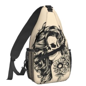 fehuew women girl skeleton makeup rose skull crossbody sling backpack for men chest bag shoulder bag lightweight one strap backpack travel outdoor daypack