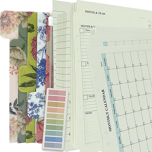 90+54+14 A5 Refill Paper with Undated Monthly Weekly Calendar Planner Inserts, A5 6 Ring Loose Leaf Paper Filler Paper Refillable Lined Paper Refill for 6 Ring Binder Planner Journal Agenda Notebook