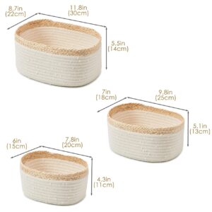 EZOWare Set of 3 Small Cotton Rope Storage Basket, Decorative Nesting Woven Round Organizer Bin with Handle for Kids Baby Closets, Room Decor, Dog Cat Toys, Towels, Gift Baskets Empty - Natural White