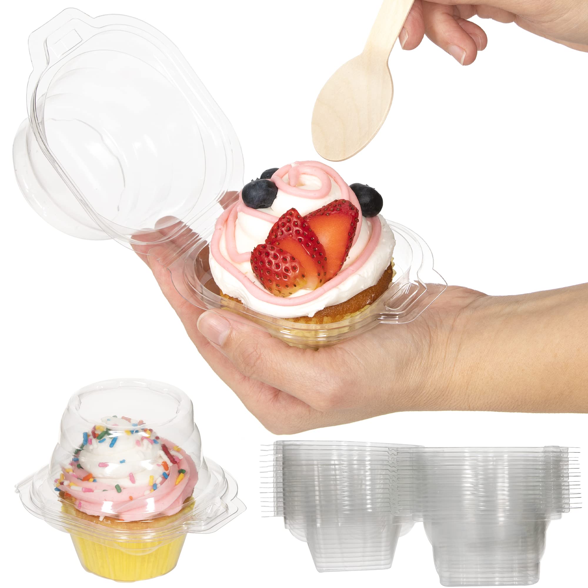 MUSENTIAL 50-Pack Individual Cupcake Containers, Stackable Single Compartment Disposable Carrier Holder Box with Airtight Dome Lid, BPA Free (50 Count)