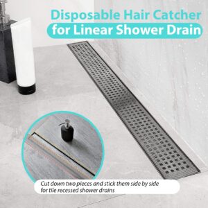 Qeke Disposable Hair Catcher Shower Drain Mesh Stickers, DIY Shower Drain Cover Hair Catcher for Any Length, 32.8 Foot Hair Stopper for Linear Shower Drain with Removal Tool, 2.75 Inch Width