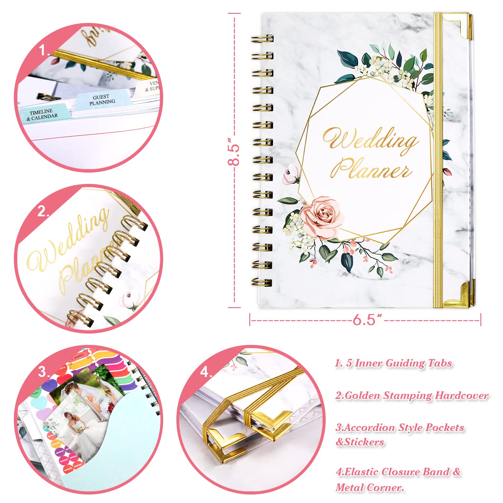 Wedding Planner - Wedding Planner Book and Organizer for the Bride with 5 Tabbed Sections, 6.5" x 8.75", Hardcover with Metal Corner + 5 Inner Pocket + Sticker + Notes Pages - Wedding Floral