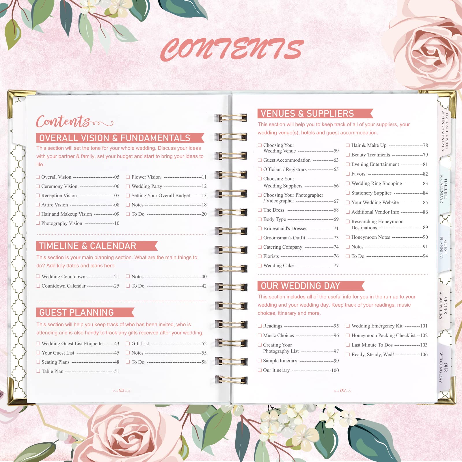 Wedding Planner - Wedding Planner Book and Organizer for the Bride with 5 Tabbed Sections, 6.5" x 8.75", Hardcover with Metal Corner + 5 Inner Pocket + Sticker + Notes Pages - Wedding Floral