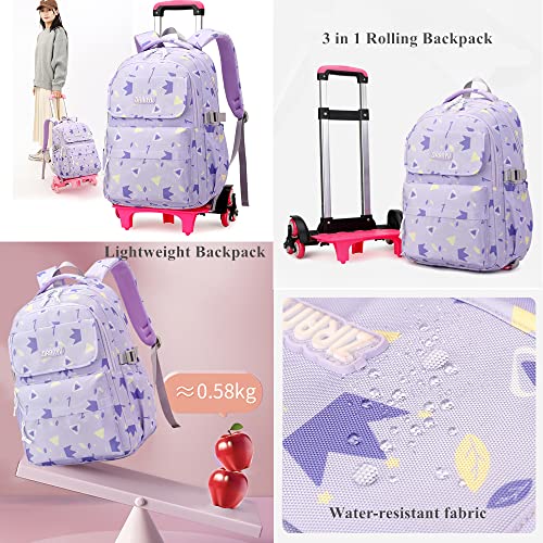 3Pcs Girls Rolling Backpack Kids Bookbag with Wheels Set Elementary Students Outdoors Trolley Schoolbag