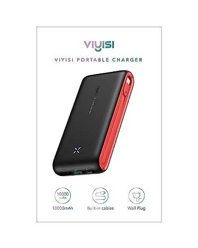 VIYISI Portable Charger with Built-in Cables, Fast Charging Power Bank with Wall Plug 10000mAh, USB C Battery Pack Compatible with iPhone 15/14/13/12/11, Samsung, Huawei, More USB-C Devices - Black