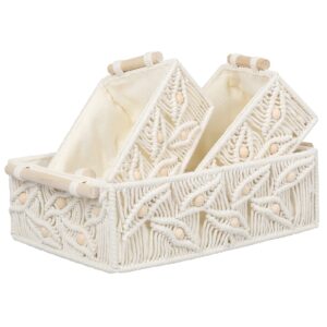 anminy macrame storage baskets set 3pcs handmade cotton woven decorative boho desk storage bins boxes with wood handles wooden beads towel paper clothes large shelf laundry organizer container