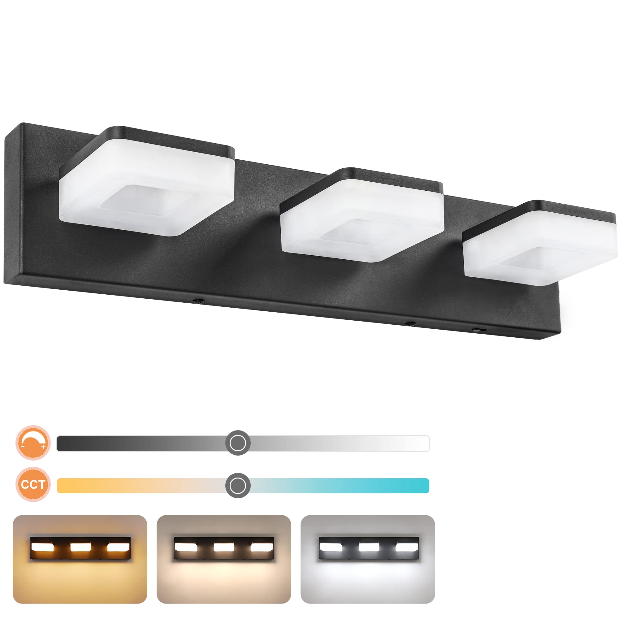 3 Colors Dimmable Black Bathroom Light Fixtures over Mirror LED Vanity Lights for Bathroom Acrylic Stainless Steel 3 Light Bathroom Vanity Light Fixtures, Adjustable 3000K/4000K/6000K, 360° Rotate