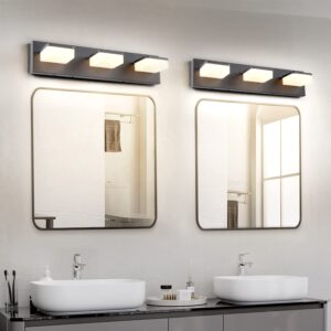 3 Colors Dimmable Black Bathroom Light Fixtures over Mirror LED Vanity Lights for Bathroom Acrylic Stainless Steel 3 Light Bathroom Vanity Light Fixtures, Adjustable 3000K/4000K/6000K, 360° Rotate