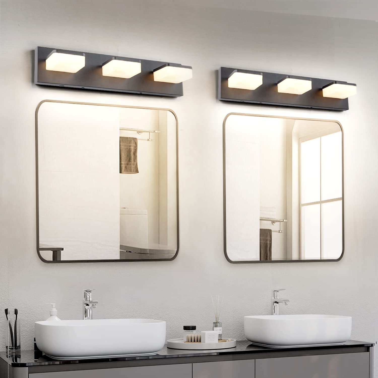 3 Colors Dimmable Black Bathroom Light Fixtures over Mirror LED Vanity Lights for Bathroom Acrylic Stainless Steel 3 Light Bathroom Vanity Light Fixtures, Adjustable 3000K/4000K/6000K, 360° Rotate