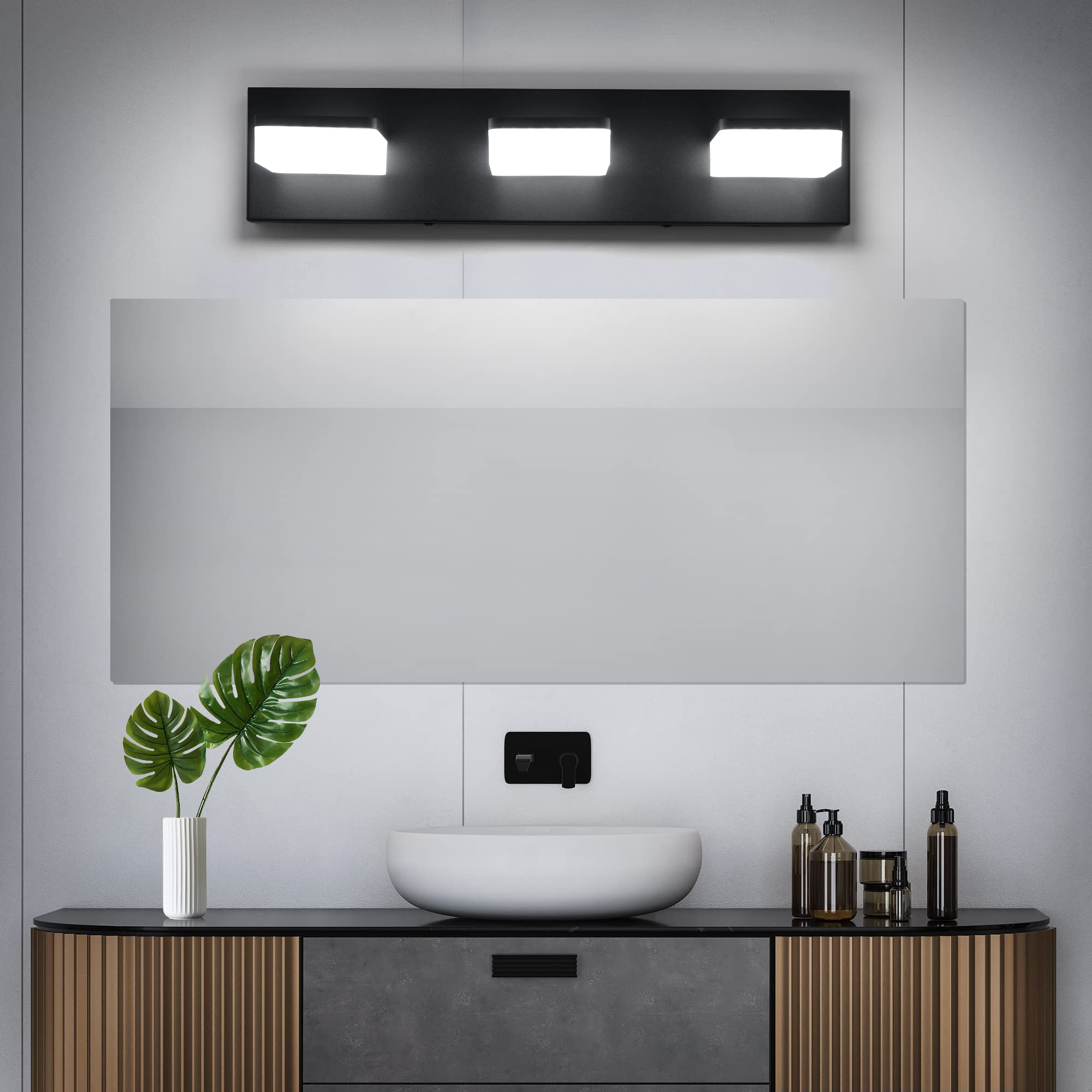 3 Colors Dimmable Black Bathroom Light Fixtures over Mirror LED Vanity Lights for Bathroom Acrylic Stainless Steel 3 Light Bathroom Vanity Light Fixtures, Adjustable 3000K/4000K/6000K, 360° Rotate