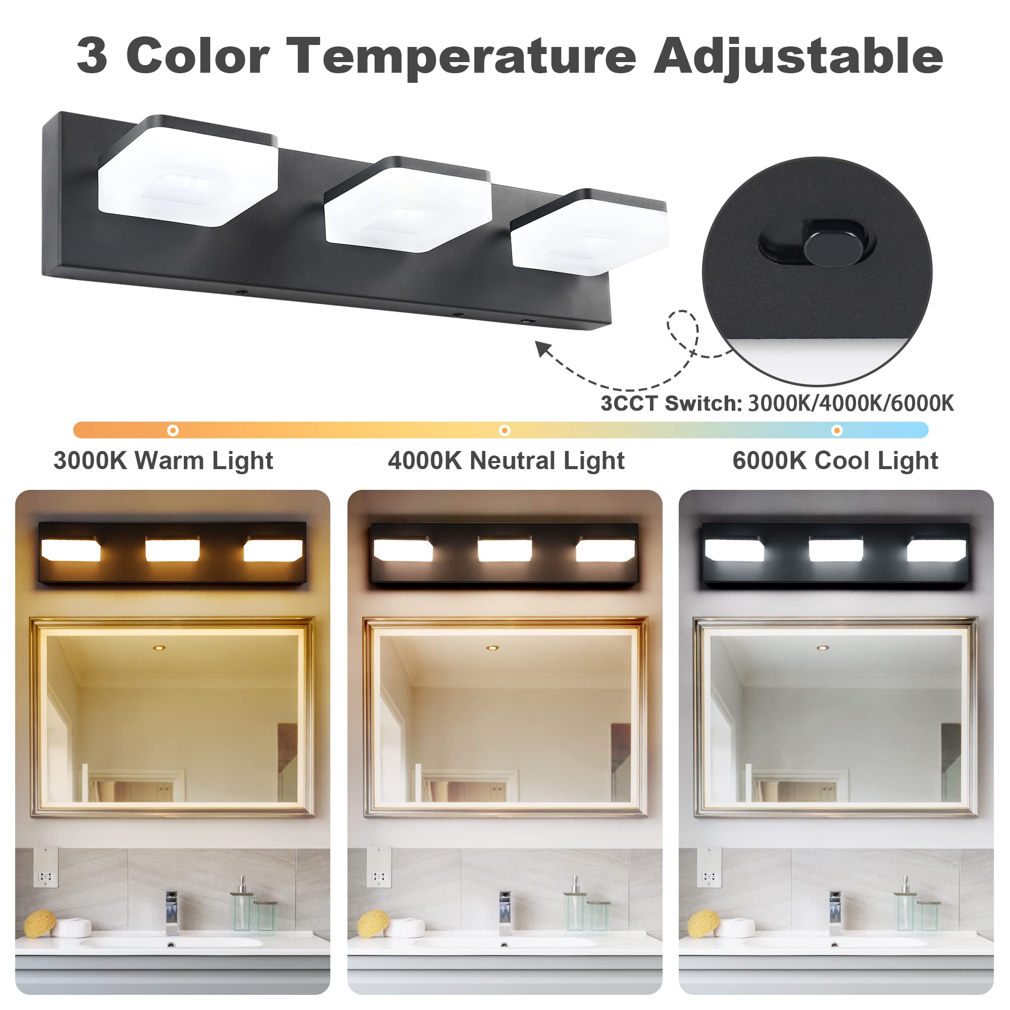 3 Colors Dimmable Black Bathroom Light Fixtures over Mirror LED Vanity Lights for Bathroom Acrylic Stainless Steel 3 Light Bathroom Vanity Light Fixtures, Adjustable 3000K/4000K/6000K, 360° Rotate