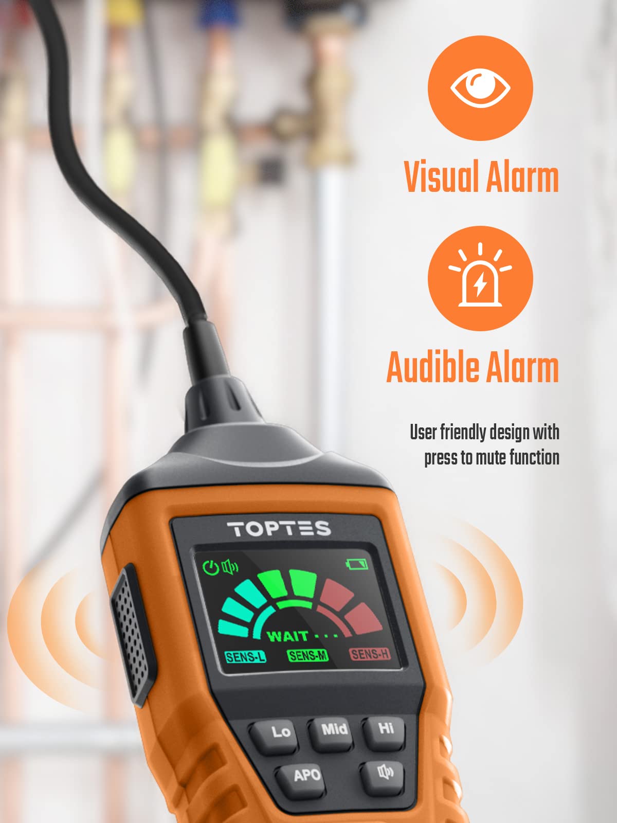 Natural Gas Detector, TopTes PT520A Gas Leak Detector with 17-Inch Gooseneck, Locating The Source of Propane, Natural Gas, and Combustible Gas Leak for Home and RV (Includes Battery x3) - Orange