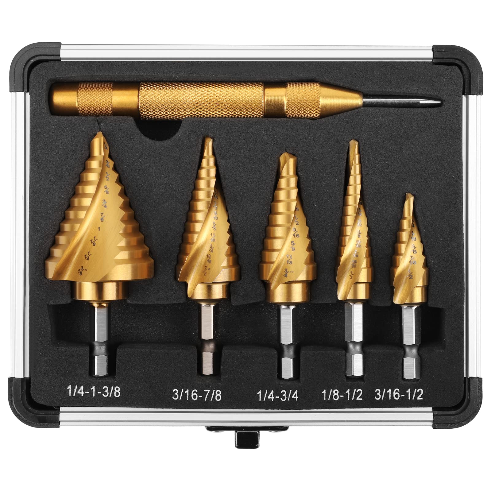 COMOWARE Hex Shank HSS Step Drill Bit with Two Spiral Flutes and Impact Readiness - Ideal for Metal, Stainless Steel, Aluminum, Wood, and Plastic,Total 50 Sizes with Aluminum Case