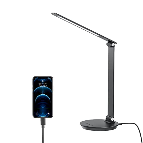 MONGERY LED Desk Lamp with USB Charging Port, Touch Control Dimmable Office Lamp, 5 Color Modes 6 Brightness Levels Eye-Caring Table Lamp for Home Office Bedroom Reading Study, Black